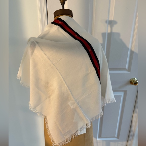 Gucci | Accessories | Gucci Cream Scarf With Red And Blue Accents ...